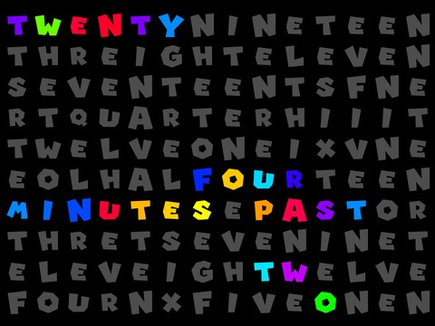 Wordsearch Clock (Super Mario font and rainbow lit letters!)